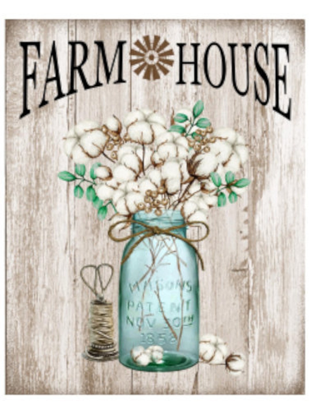 Vintage Grunge Wood Rustic Farmhouse Cotton Stems Jar Waterslide Decals ...