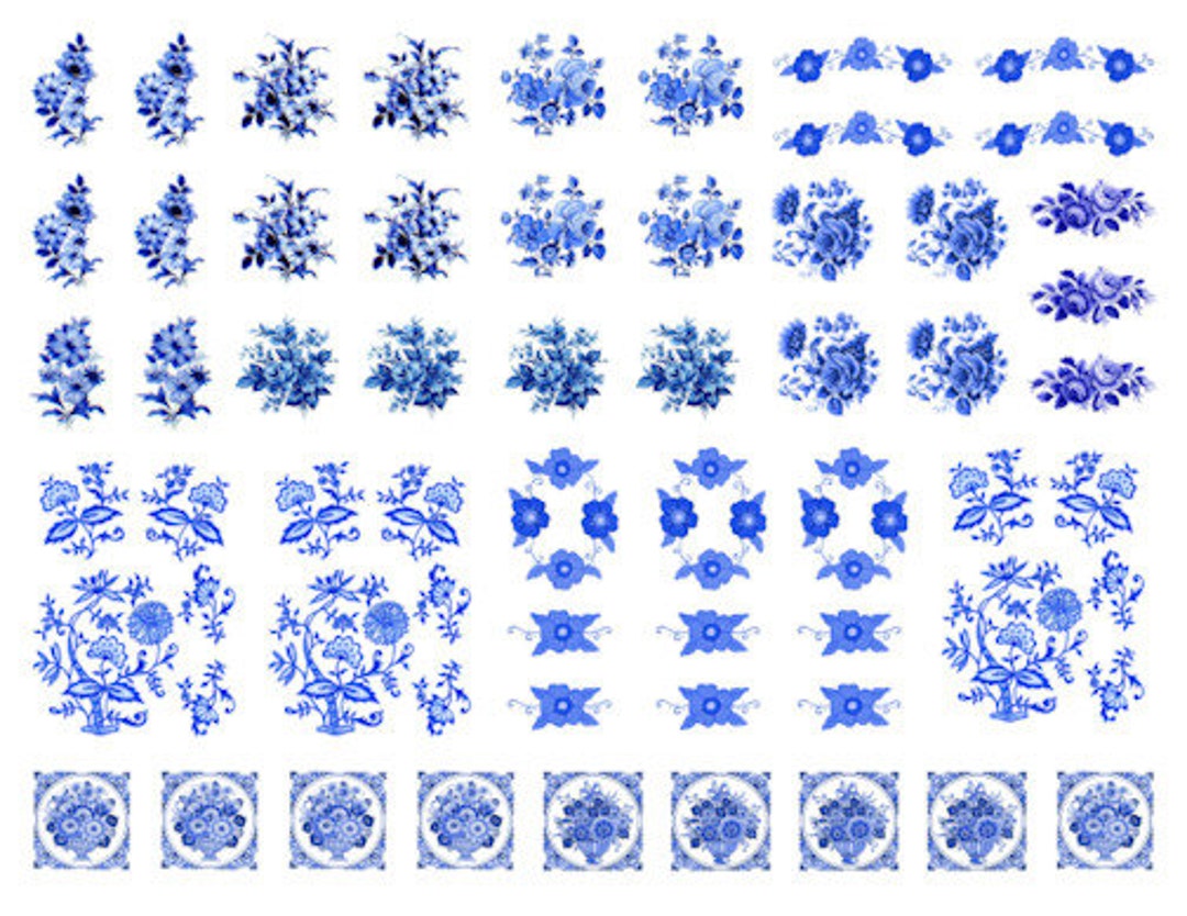 Vintage Image Delft Blue Roses Flower Decal Dollhouse Miniature ...