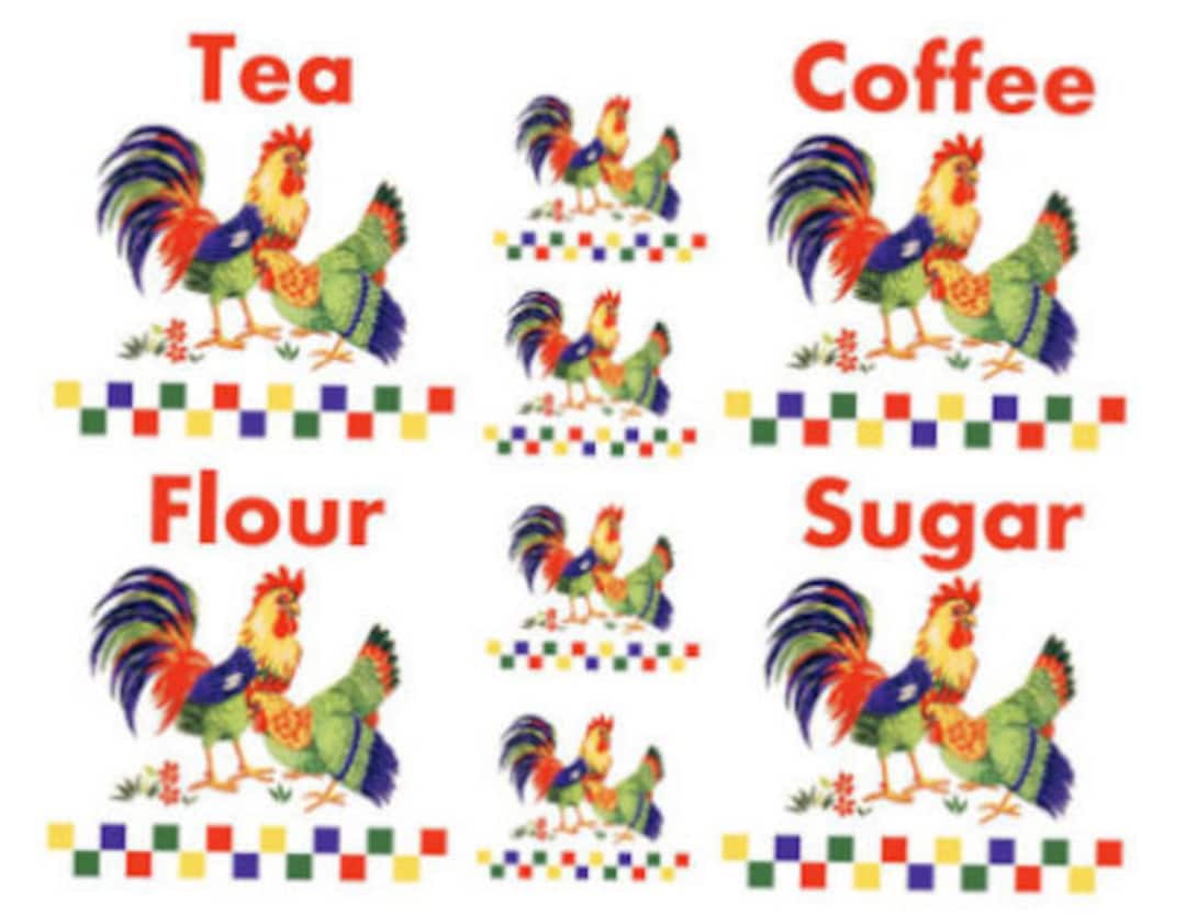Vintage Image Colorful Roosters Canister Set Label Transfers Waterslide ...