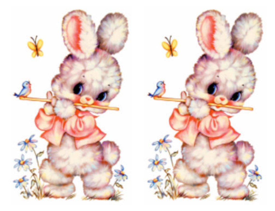 Vintage Image Nursery Baby Bunny Playing the Flute Transfers Waterslide ...