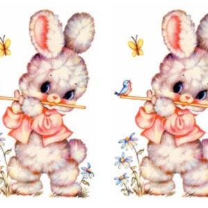 Vintage Image Nursery Baby Bunny Playing the Flute Transfers Waterslide ...