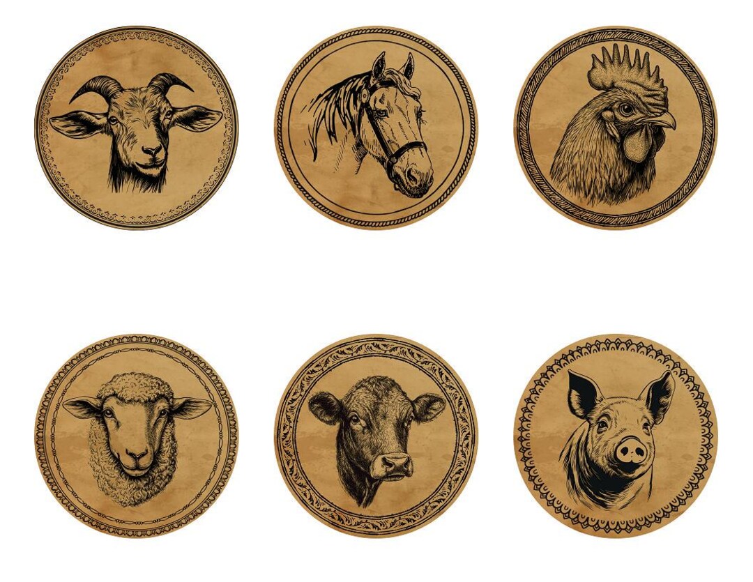 Vintage Image Grunge Primitive Round Farm Animal Labels Transfers ...