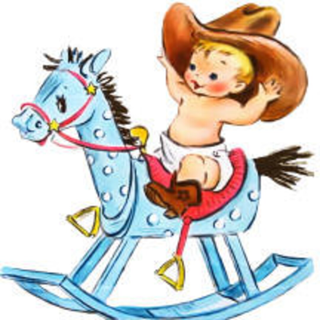 Vintage Reto Nursery Baby Cowboy Riding Rocking Horse Digital Download ...