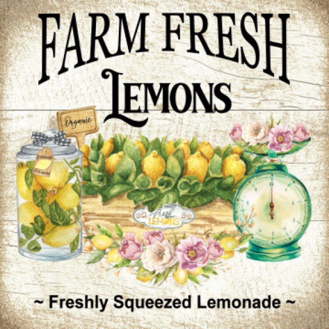 Grunge Wood Background Farm Fresh Lemons, Lemonade, Kitchen Art Sign ...