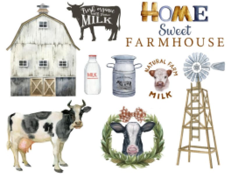 Farmhouse Collage Sheet, Elements, Cow, Barn, Windmill, Milk, Laurel ...