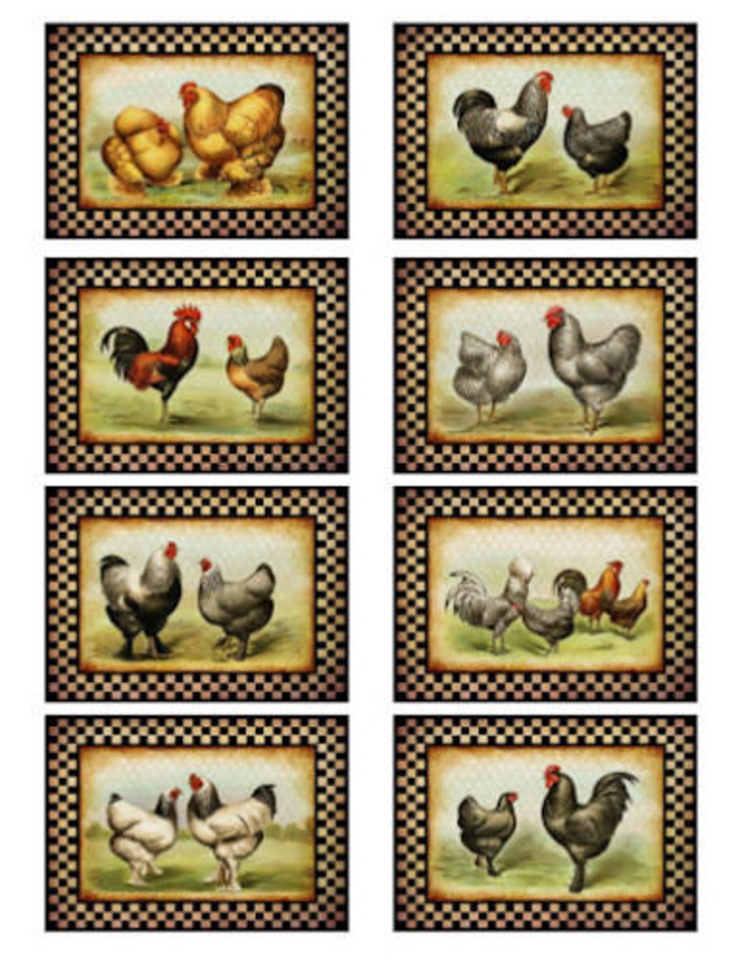 Vintage Image Grunge Primitive Checkered Roosters Labels Transfers ...