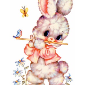 Vintage Image Nursery Baby Bunny Playing the Flute Transfers Waterslide ...