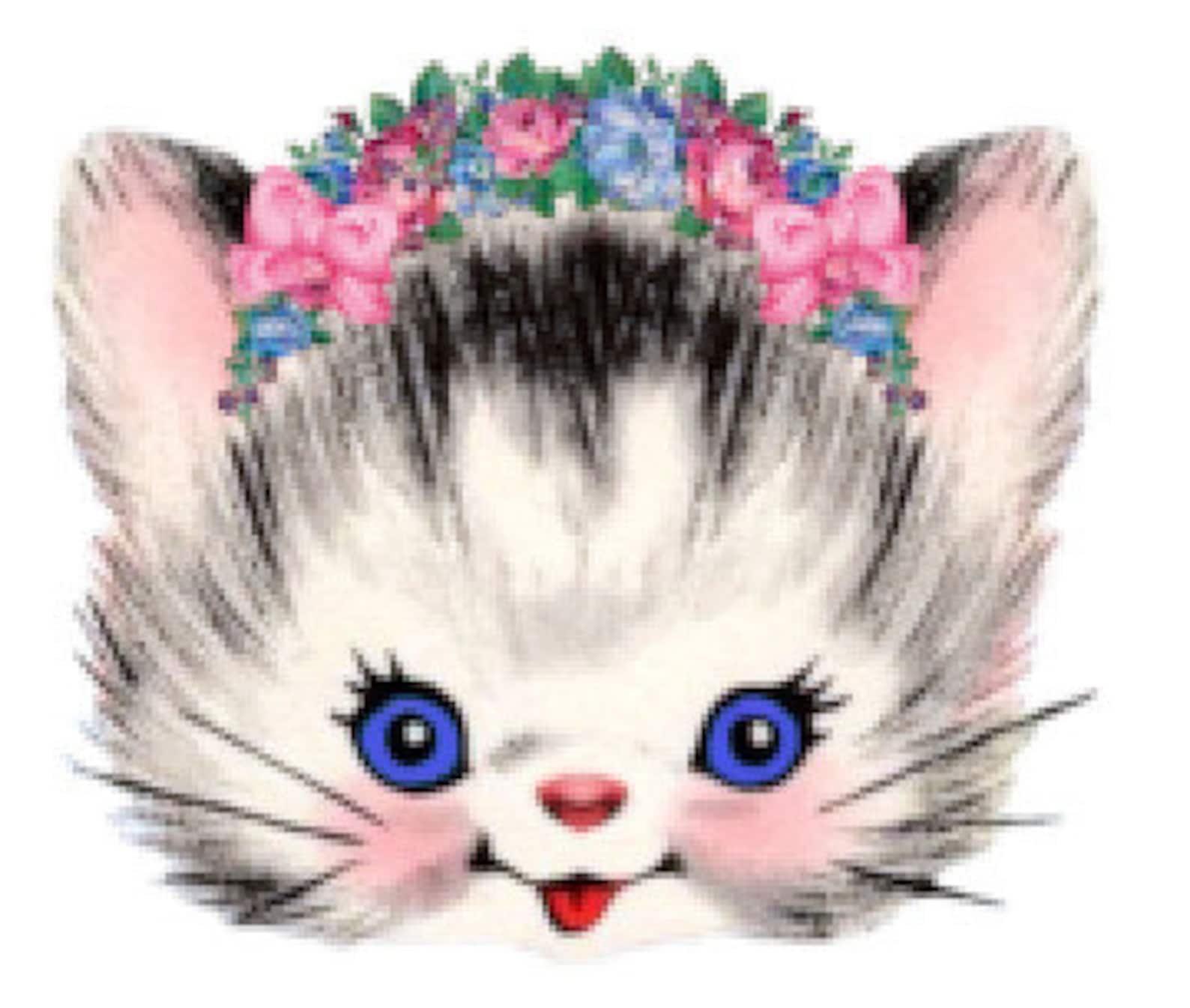 Vintage Retro Shabby Kitten Head With Flowers and Bows Digital | Etsy
