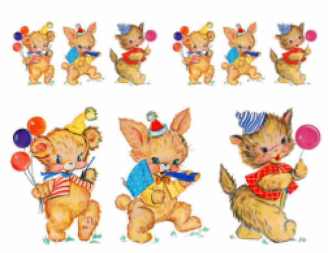 Vintage Image Retro 3 Party Animals Bunny Bear Kitten Transfers ...
