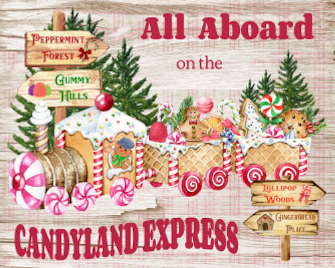 Vintage Grunge on Wood Christmas Candyland Express Train Gingerbread ...