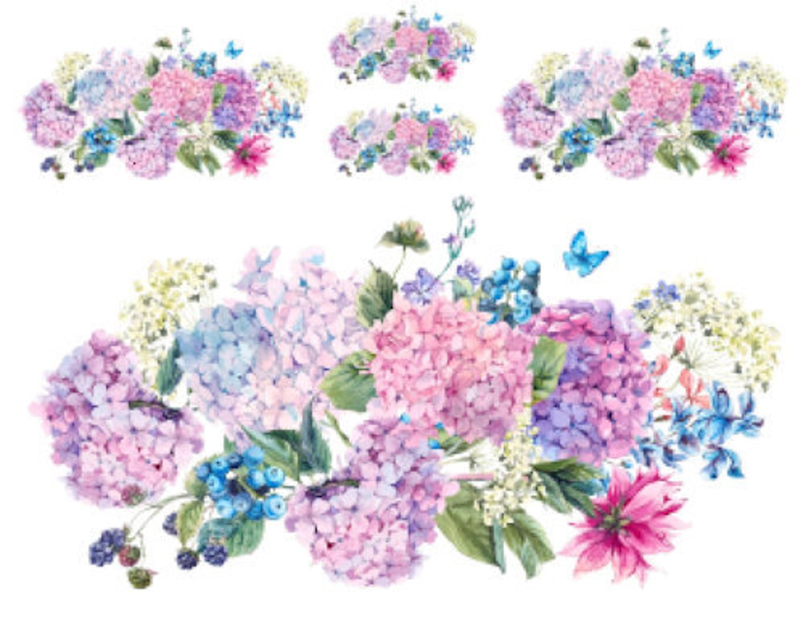 Shabby Pastel Watercolor Blue Hydrangeas Swag Bouquet Transfers ...