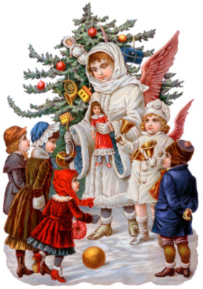 Vintage Image Shabby Victorian Christmas Snow Angel Children Tree ...