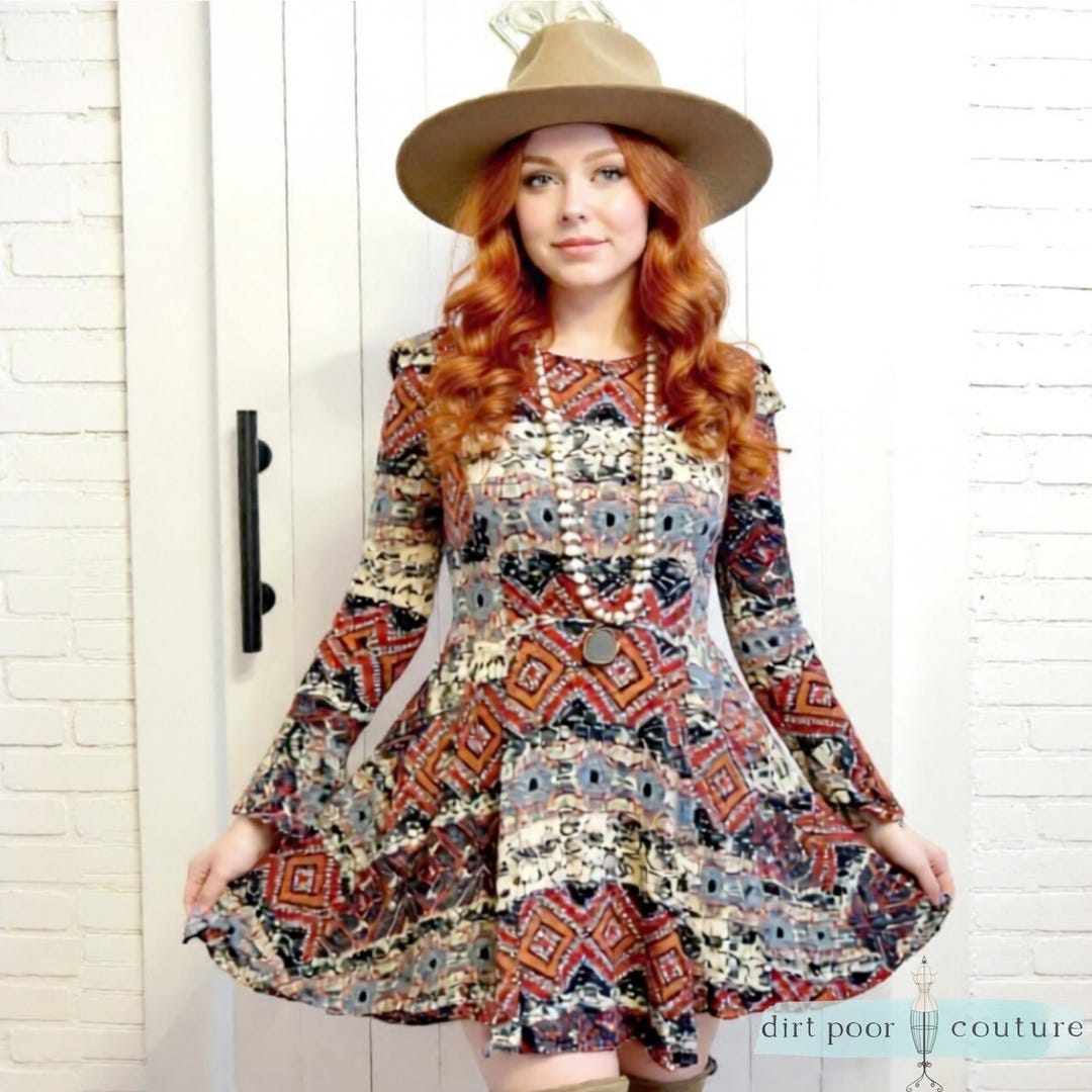 Retro Boho Fit and Flare Dress With Ruffled Sleeves - Etsy
