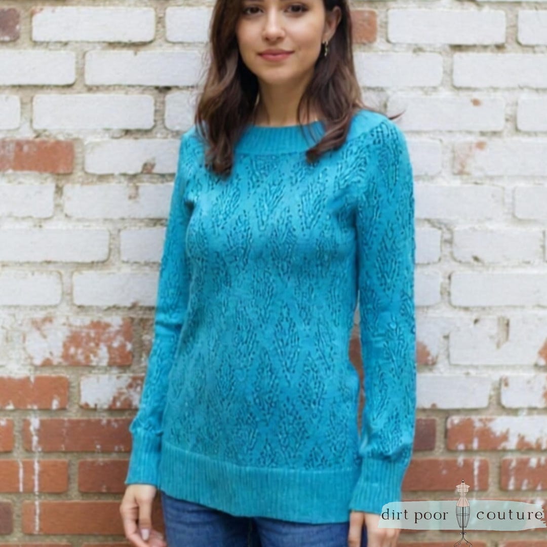 Vintage Turquoise Knit Sweater – Retro Long Fit Pullover, Size Large - Etsy