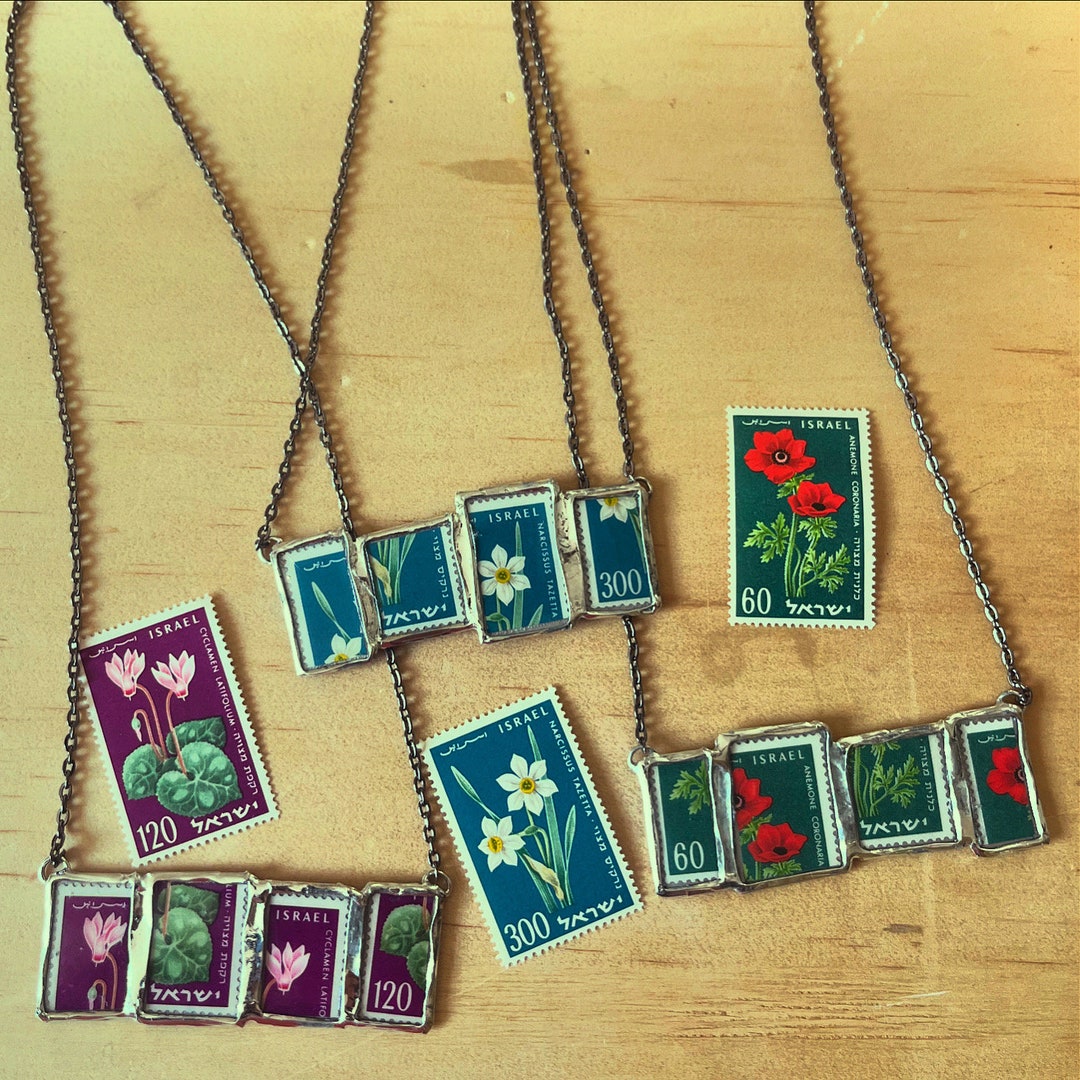 Israeli Stamp Pieces Necklace Art Soldered Silver Tin Jewish Judaism ...