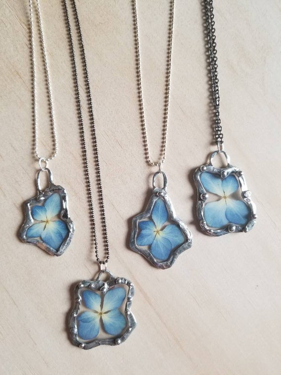 Blue Hydrangea Flower Necklace Pendant Real Wedding Bridal - Etsy
