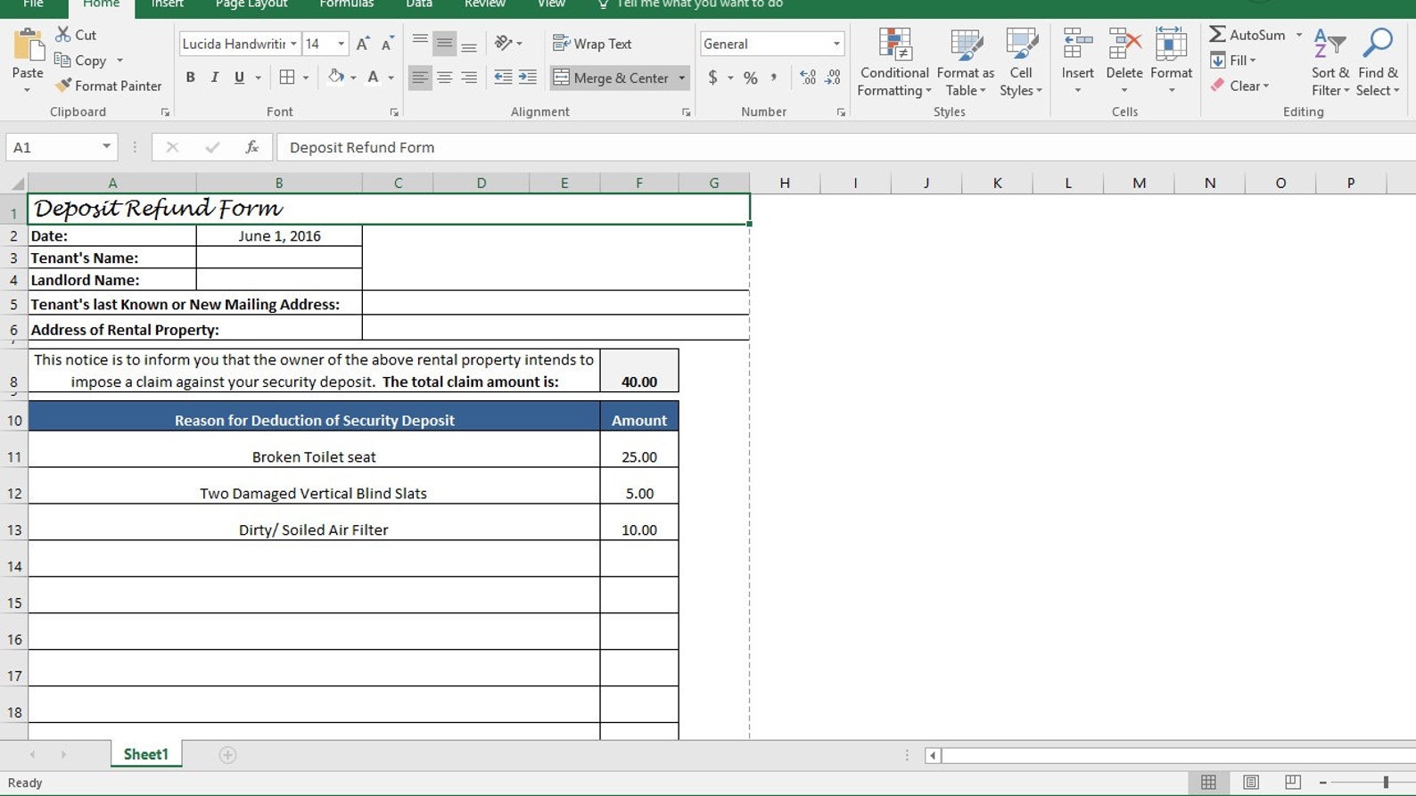 Rental Deposit Tracking Form, Landlord Tenant Security Deposit ...