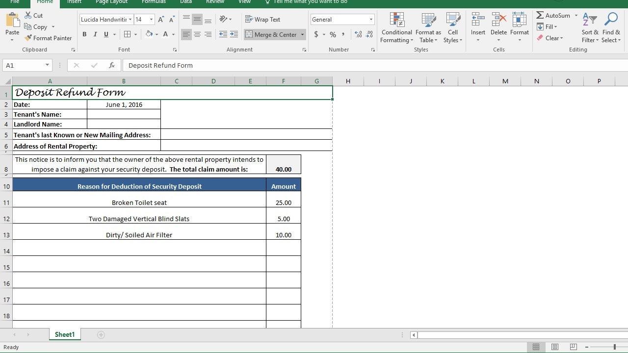 Rental Deposit Tracking Form, Landlord Tenant Security Deposit ...