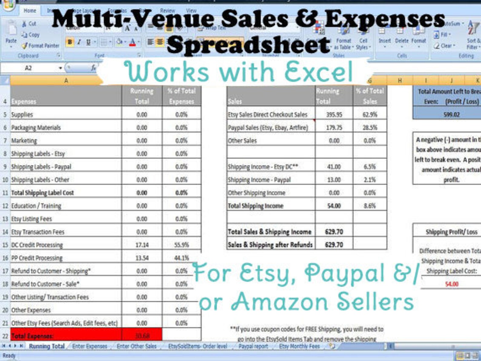 Multi-venue Sales and Expenses Spreadsheet, Summarizes Etsy & Paypal CSV in an Excel Template - Etsy