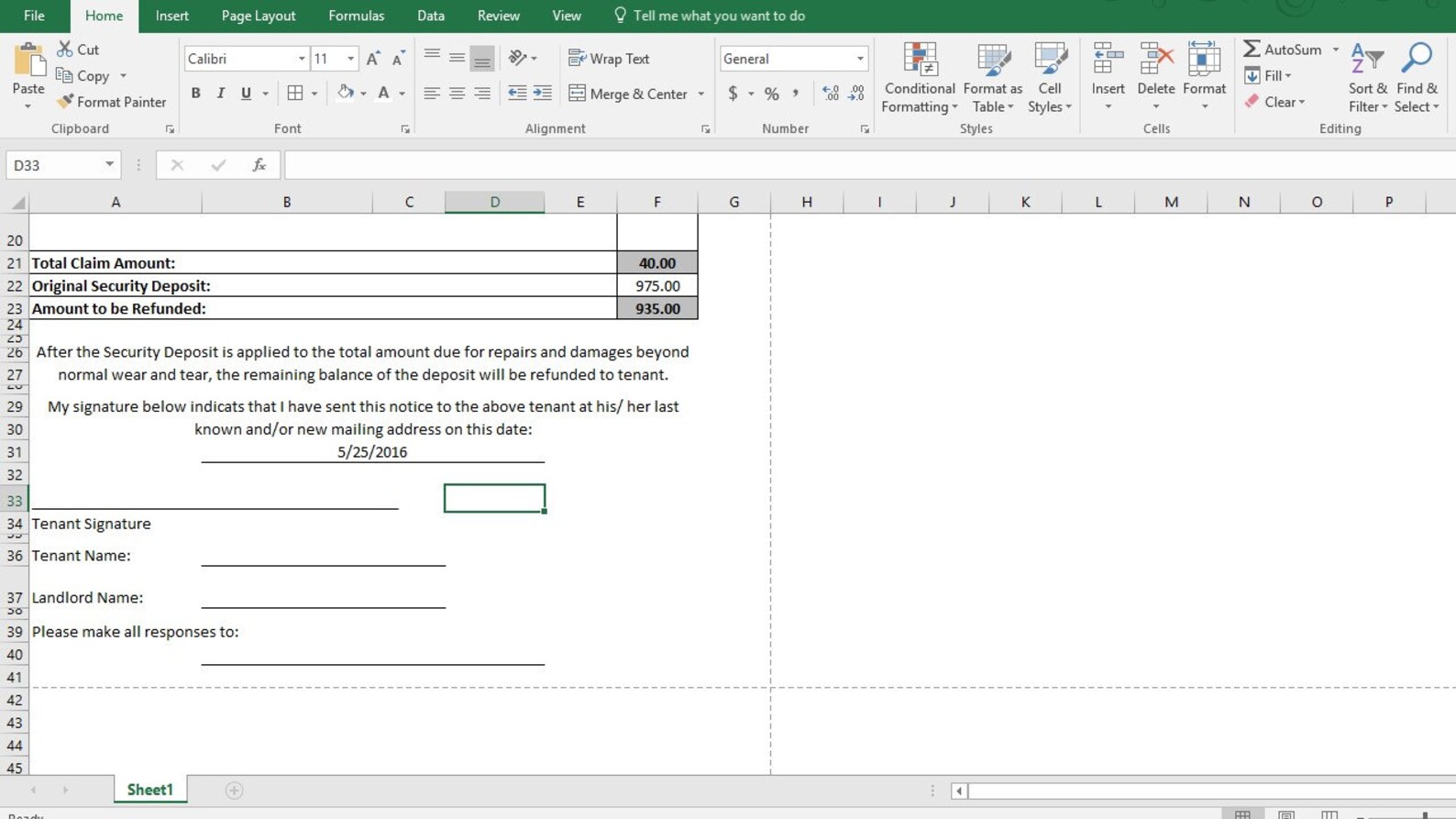 Rental Deposit Tracking Form, Landlord Tenant Security Deposit ...