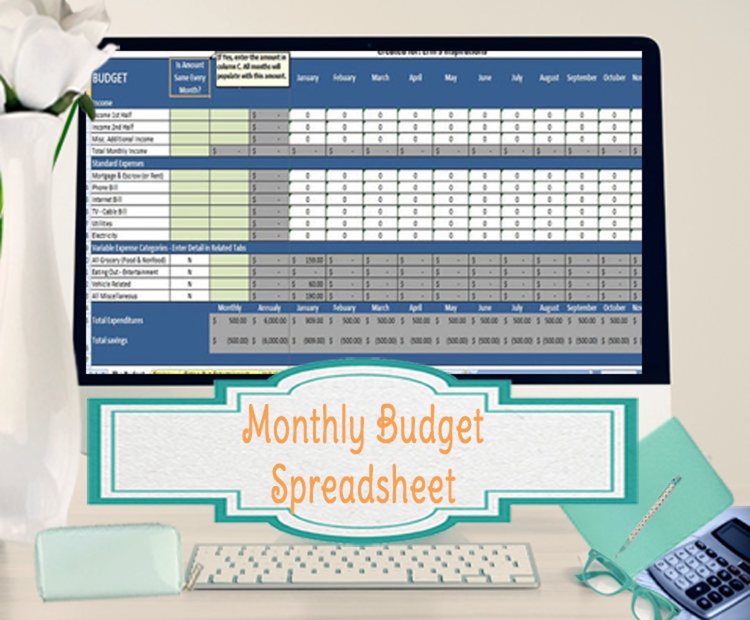 Monthly Budget Spreadsheet, Home Finance Management, Excel Worksheet ...