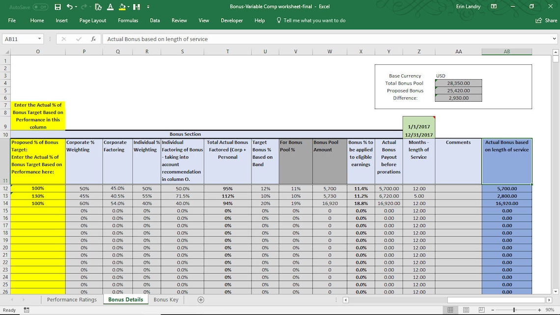 Employee Bonus Excel Template, Incentive Plan Calculation Spreadsheet ...