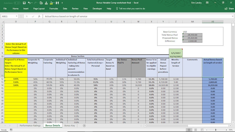 Employee Bonus Excel Template, Incentive Plan Calculation Spreadsheet ...