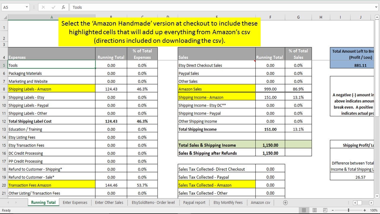 Handmade at Amazon Seller Template, Amazon Profit Excel Spreadsheet, Sales and Profit ...