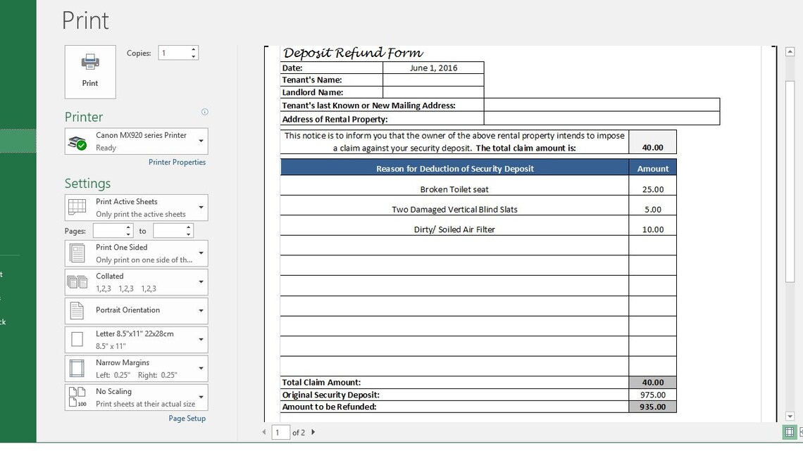 Rental Deposit Tracking Form, Landlord Tenant Security Deposit ...