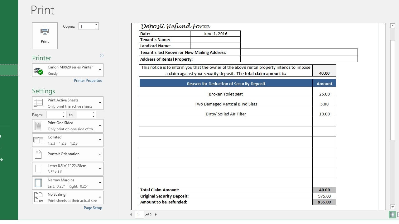 Rental Deposit Tracking Form, Landlord Tenant Security Deposit ...
