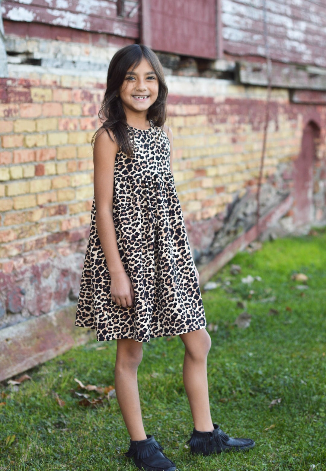 Girls Cotton Leopard Print Dress, Flutter Sleeve Boho Gathered Waist ...