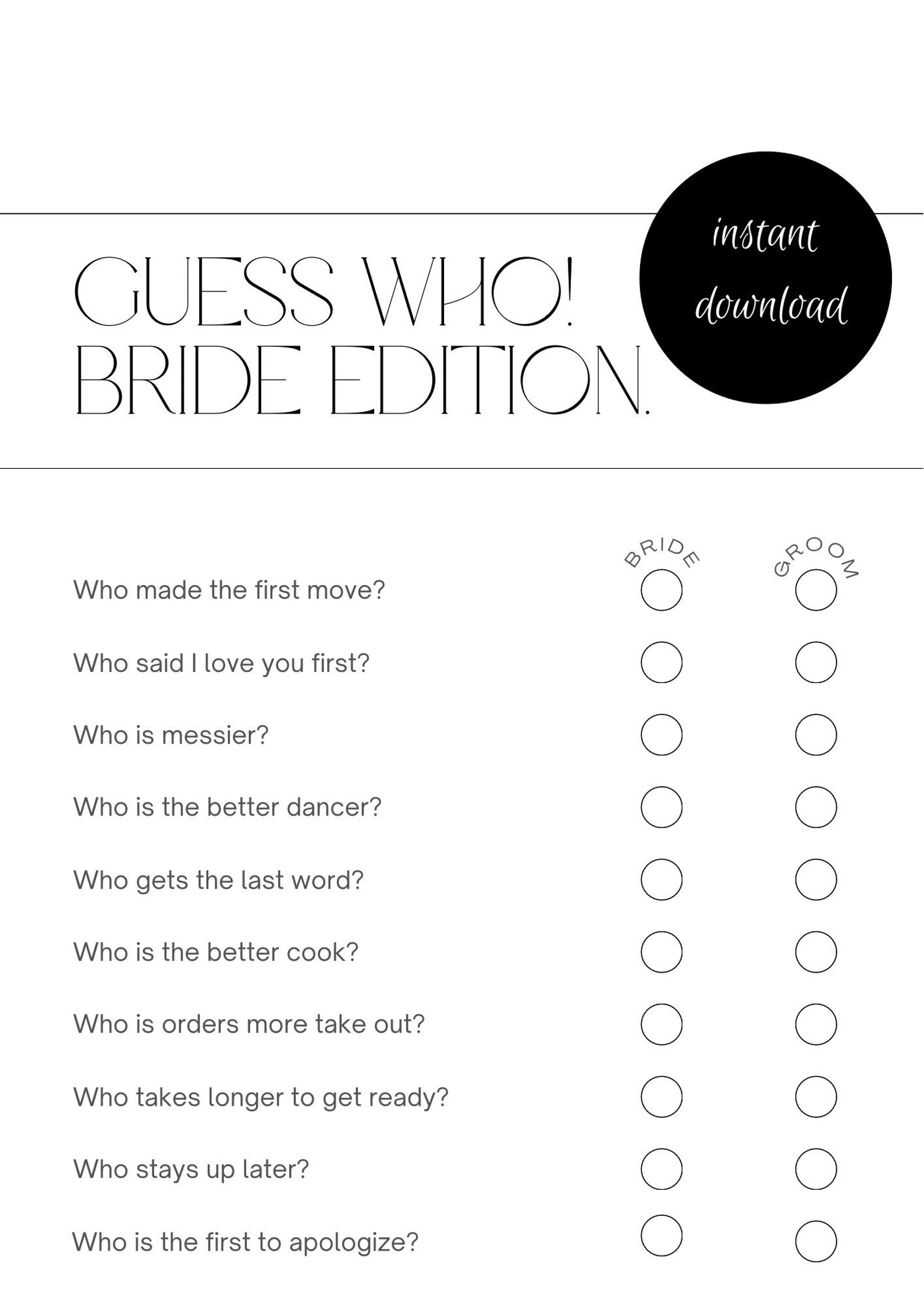 Bride Guessing Game, Bride Groom Game, Bridal Shower Game, Bridal ...