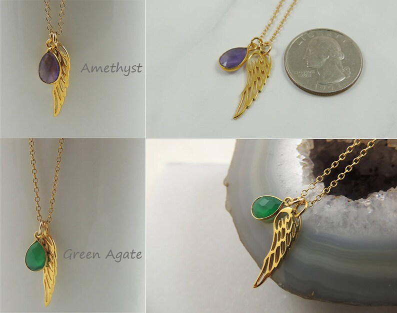 Angel Wing Gemstone Necklace Personalized Gold or Silver - Etsy