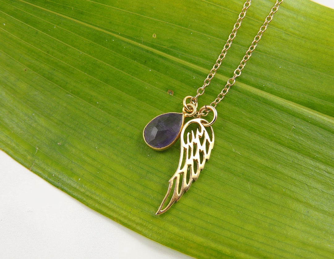 Angel Wing Gemstone Necklace, Personalized Gold or Silver Charm ...