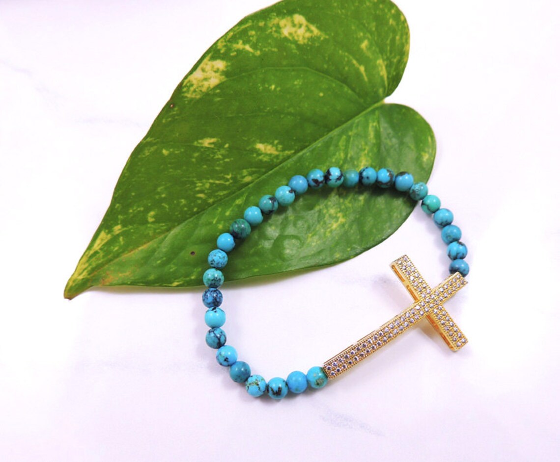 Cross Turquoise Bracelet Beaded Stretch Bracelet Turquoise - Etsy