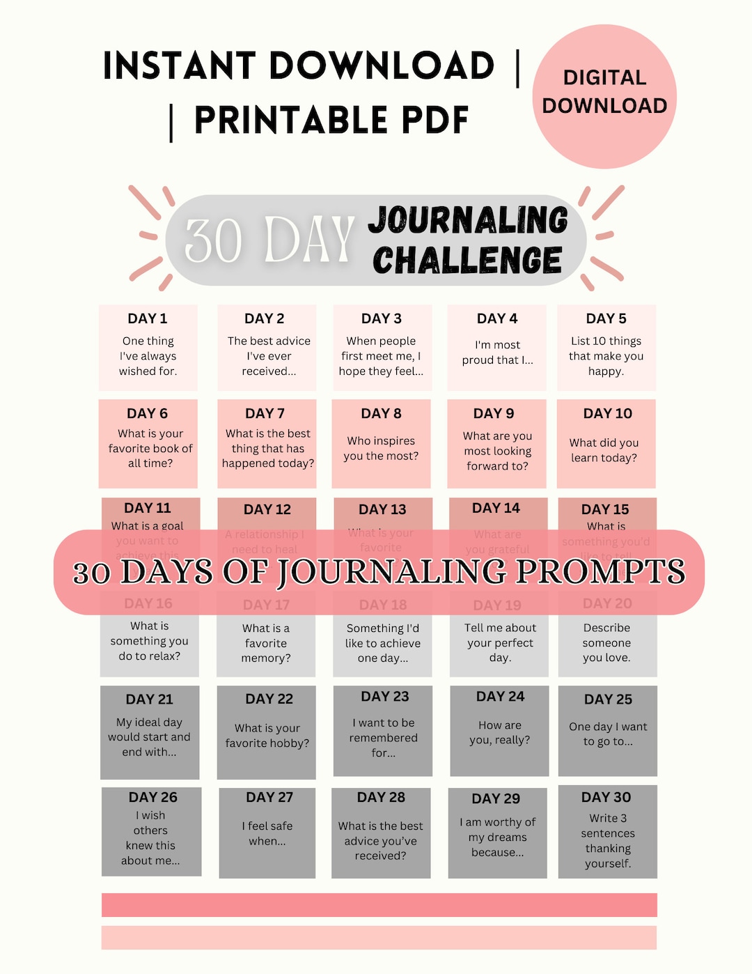 30 Day Challenge Tracker | 30 Day Writing Printable |30 Day Journal ...