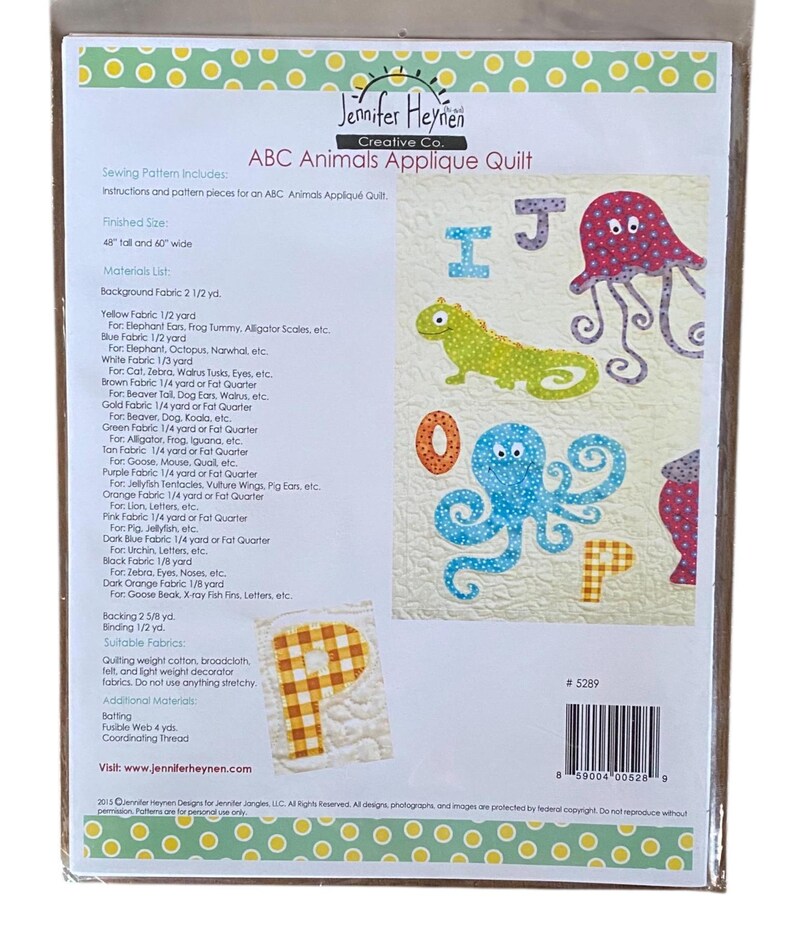 Applique Quilt Pattern, ABC Animals by Jennifer Heynen - Etsy