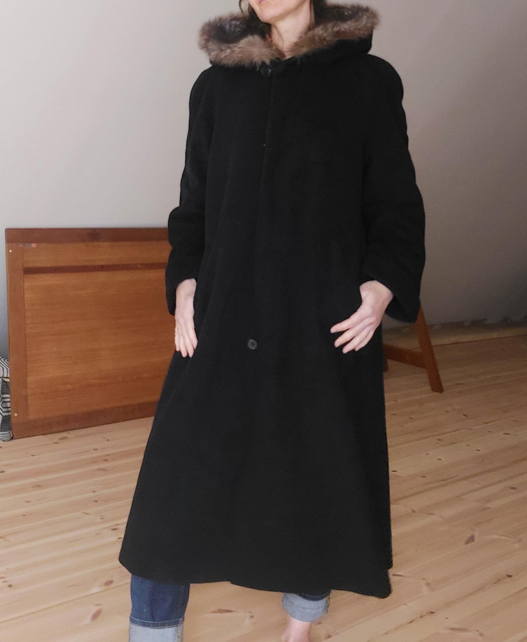 Vintage Coat Black Wool Fool Length With a Hood - Etsy