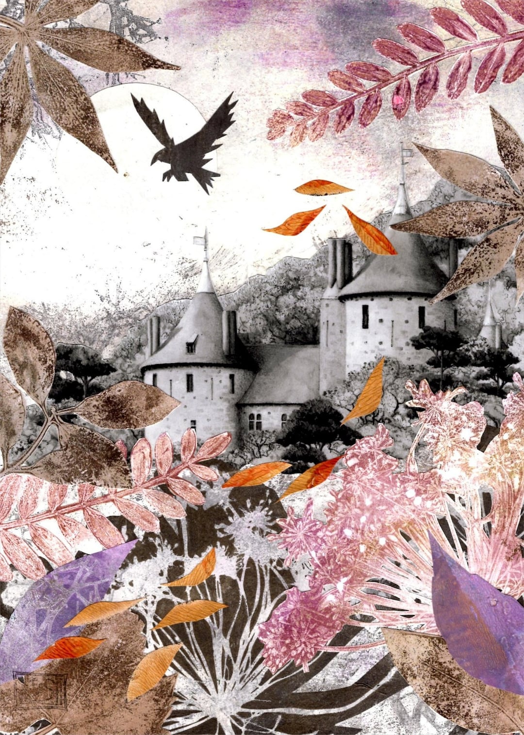 Castell Coch Original Collage Welsh Castle Garden Leaves and Flower ...
