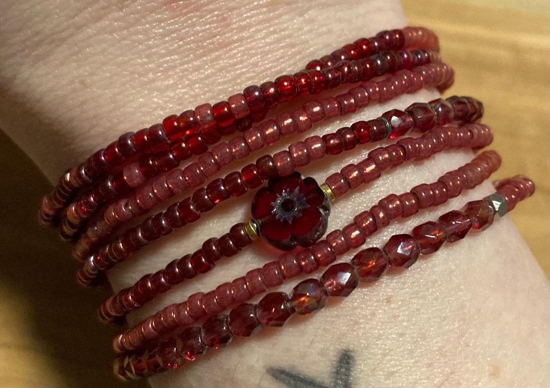 Pomegranate Pansy Seed Bead Stretch Wrap Bracelet or Necklace/red and ...