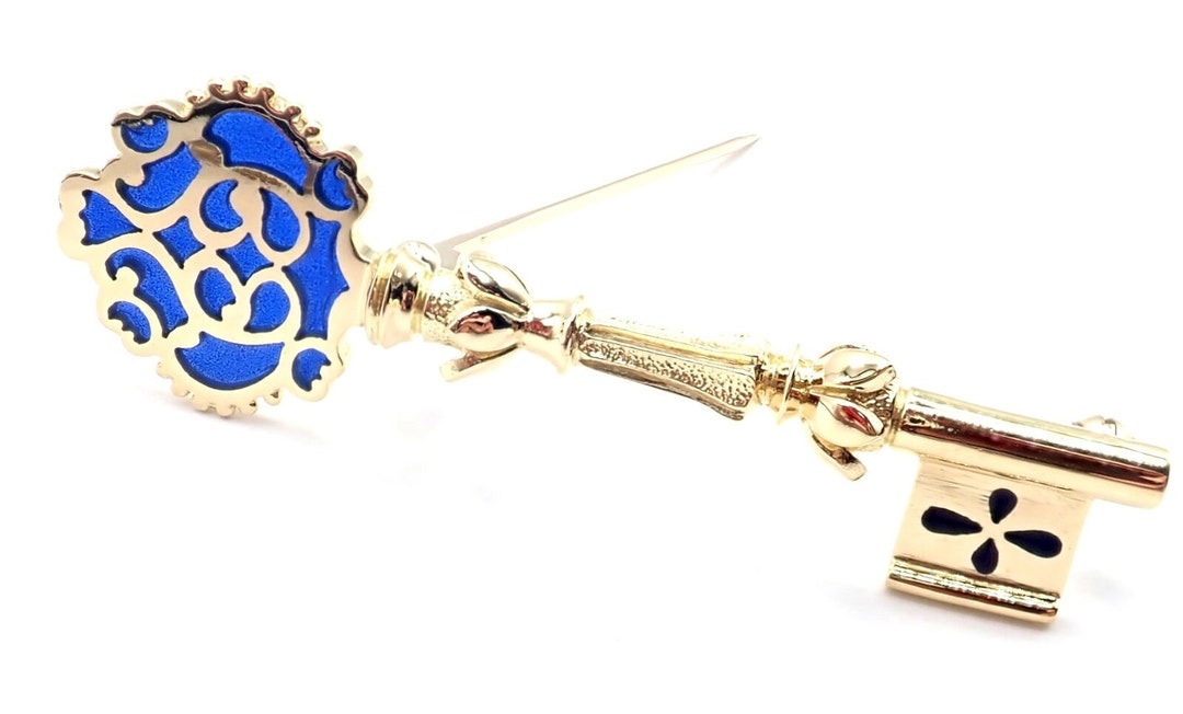 Rare Authentic Vintage Mikimoto 18k Yellow Gold Key Blue Enamel Brooch ...