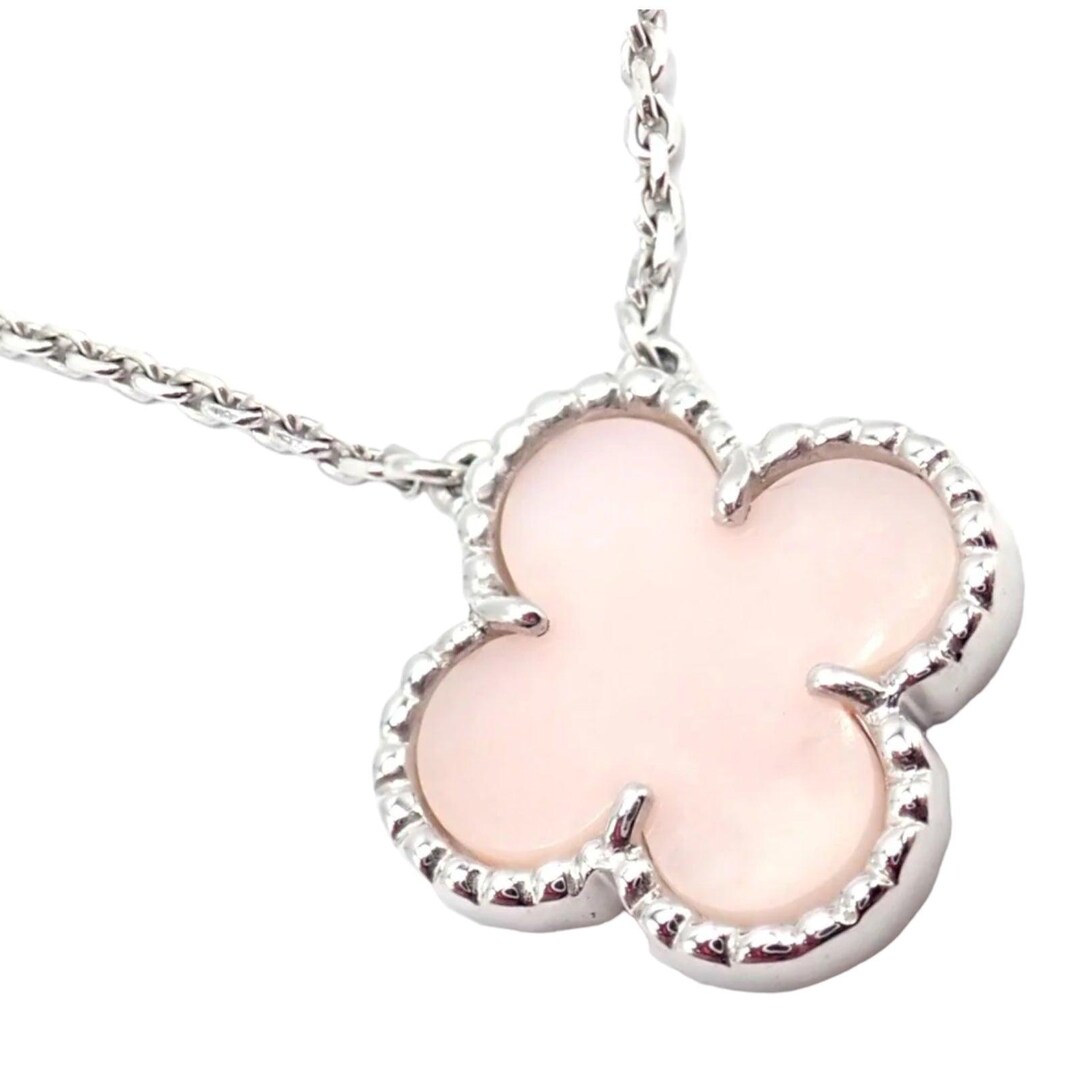 Authentic! Van Cleef & Arpels Alhambra 18k White Gold Pink Opal Pendant ...
