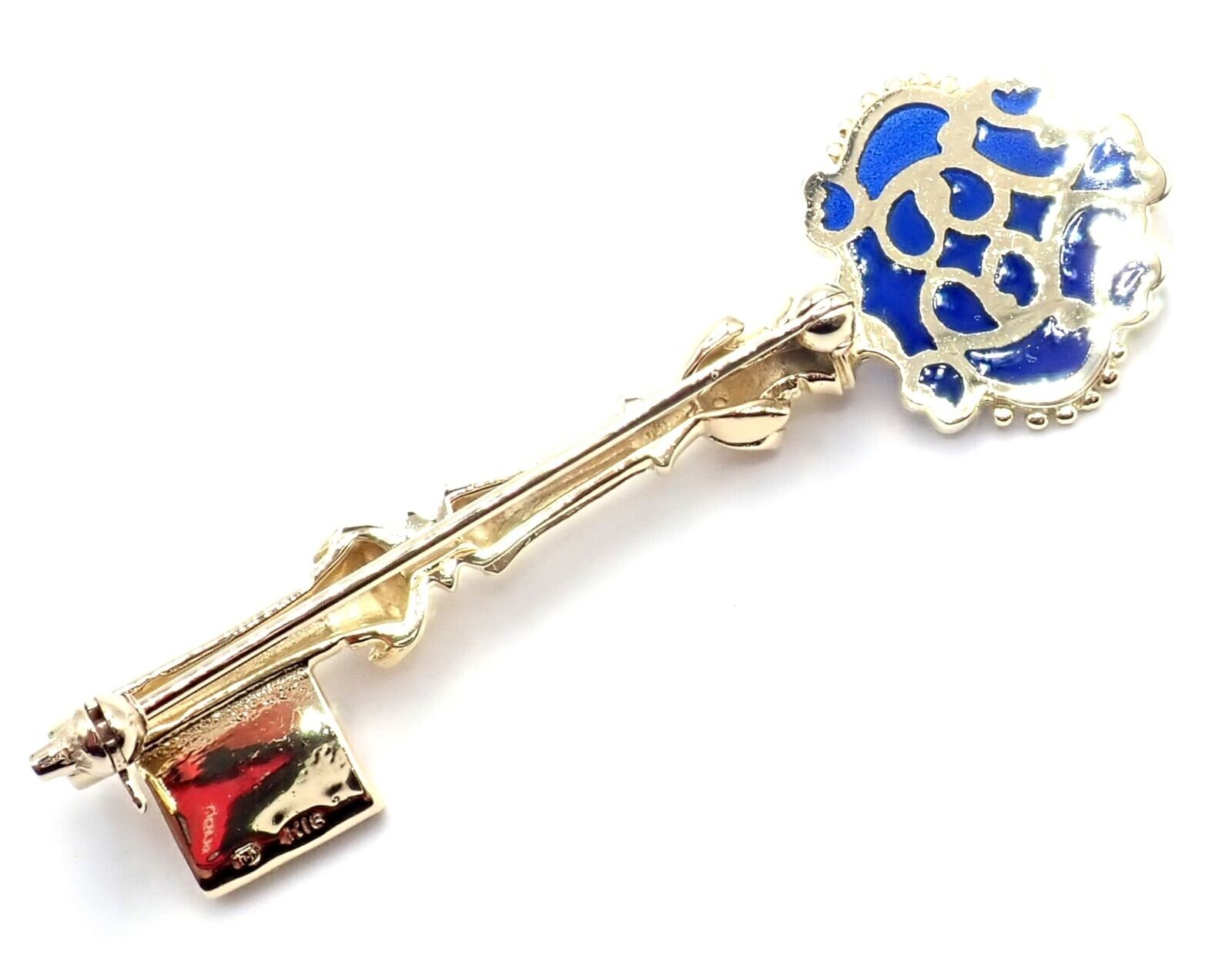 Rare Authentic Vintage Mikimoto 18k Yellow Gold Key Blue Enamel Brooch ...