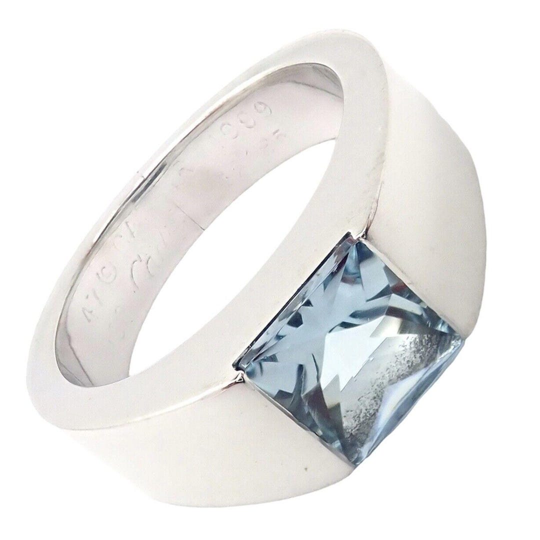 Authentic Cartier 18k White Gold Tank Blue Topaz Ring 1999 Sz 46 US 3. ...