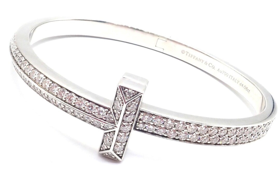 Authentic! Tiffany & Co 18k White Gold Diamond T1 Wide Hinged Bangle ...