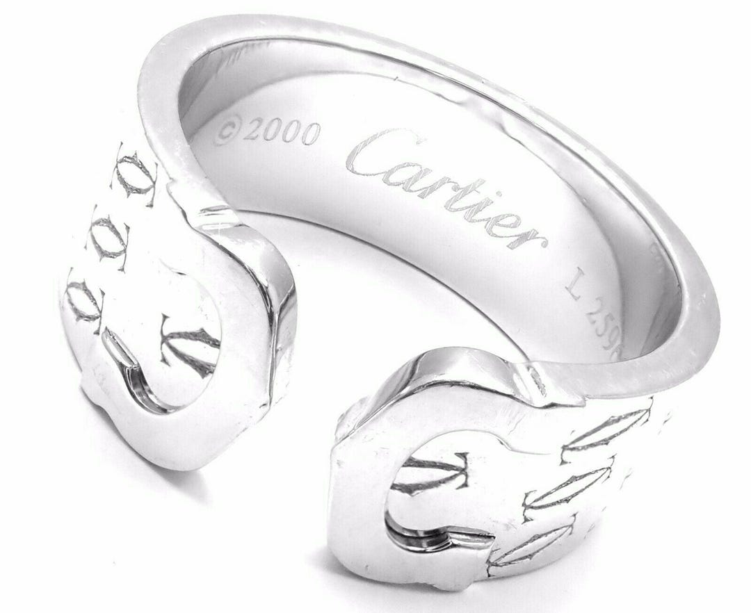 Authentic! Cartier Logo 18k White Gold Double C Motif Monogram Band ...