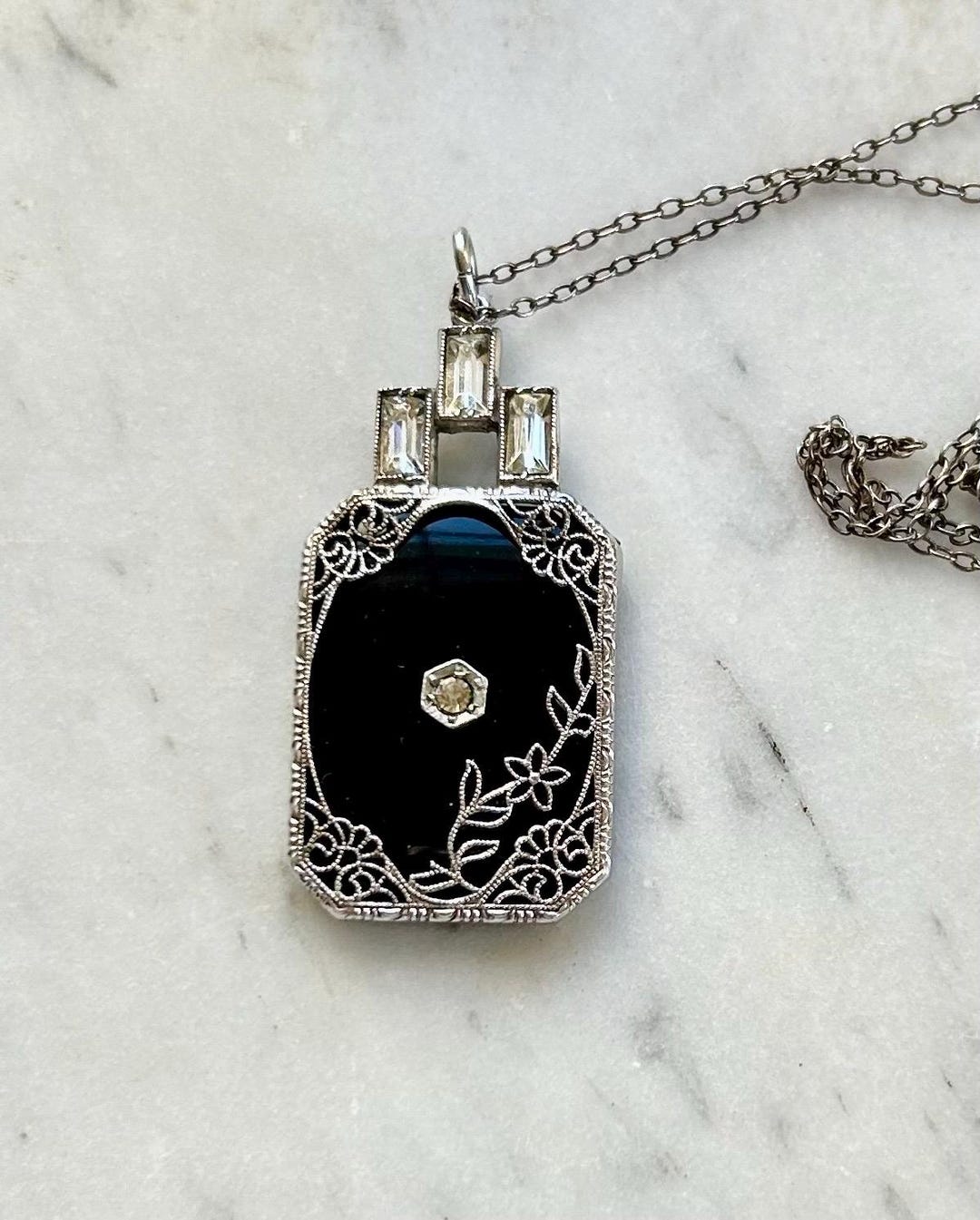 Antique Art Deco Black Onyx & Baguette Rhinestone Fancy Filigree ...
