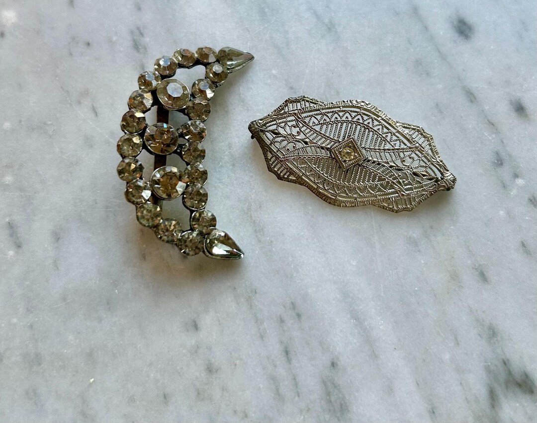 Antique Art Deco Pins: Filigree and Rhinestone and Crescent Moon ...