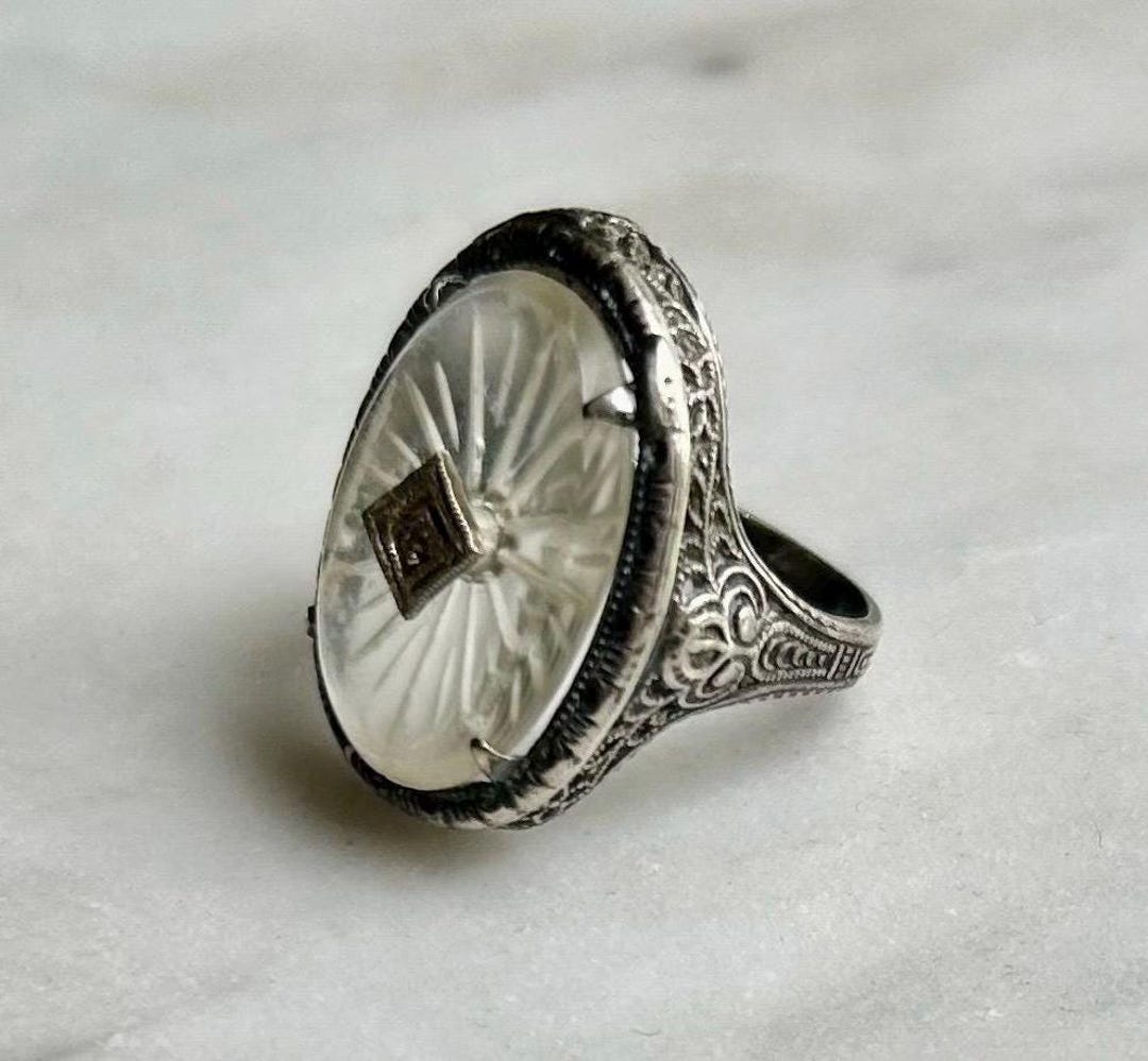 Vintage Sterling Silver Filigree Oval Camphor Glass & Diamond Ring ...