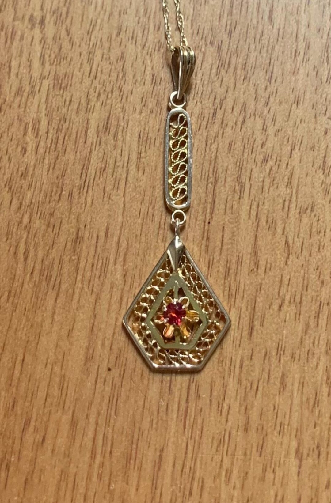 Antique 10k Gold Filigree Lavalier Pendant: Art Deco Nouveau Ruby ...